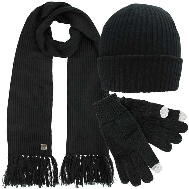 Luxury Divas Ribbed Knit Mens 3 Piece Hat Scarf And Texting Gloves Set