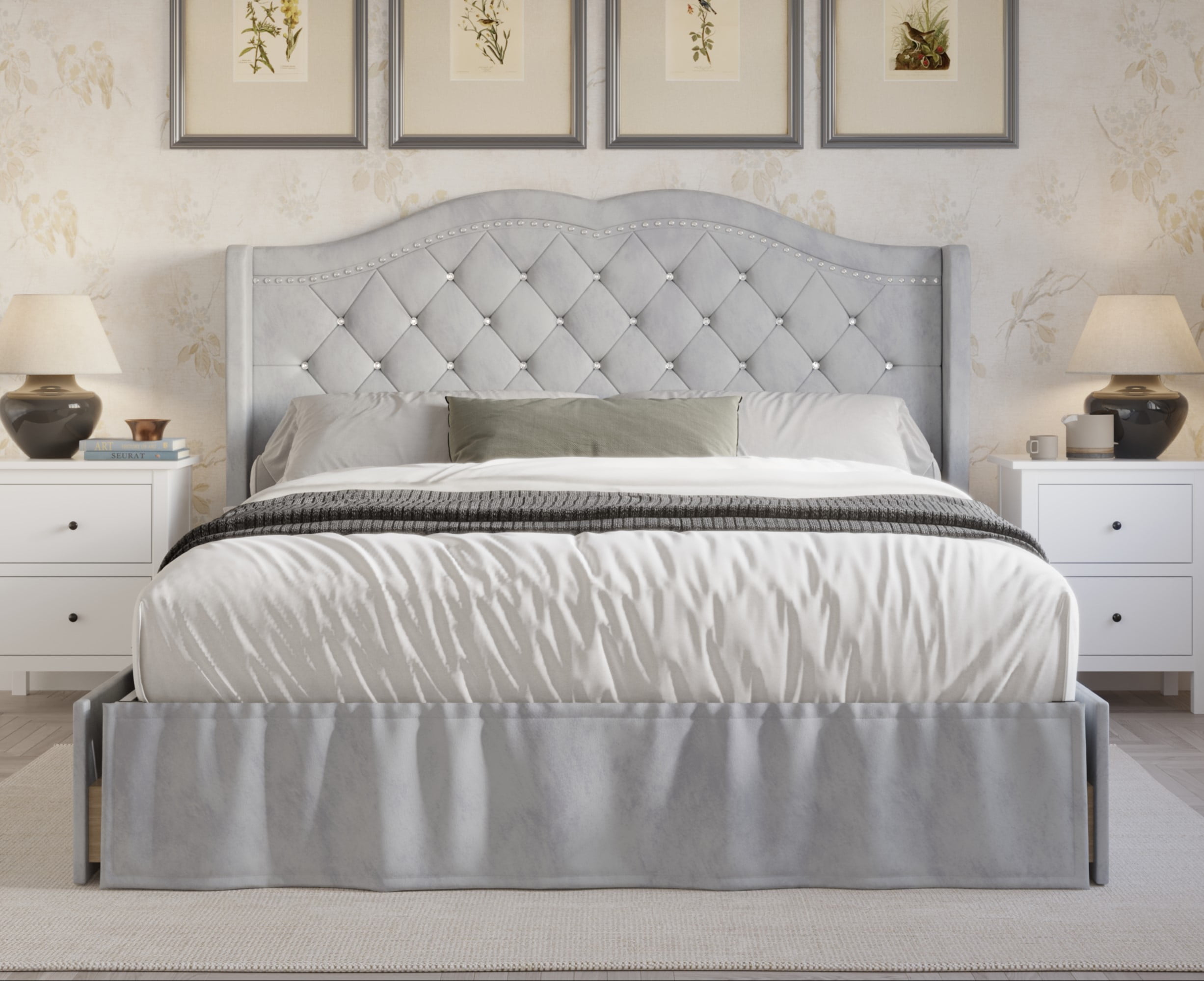 HMD Martha Full Tufted Upholstered Storage Panel Bed Box A, Silver Gray ...