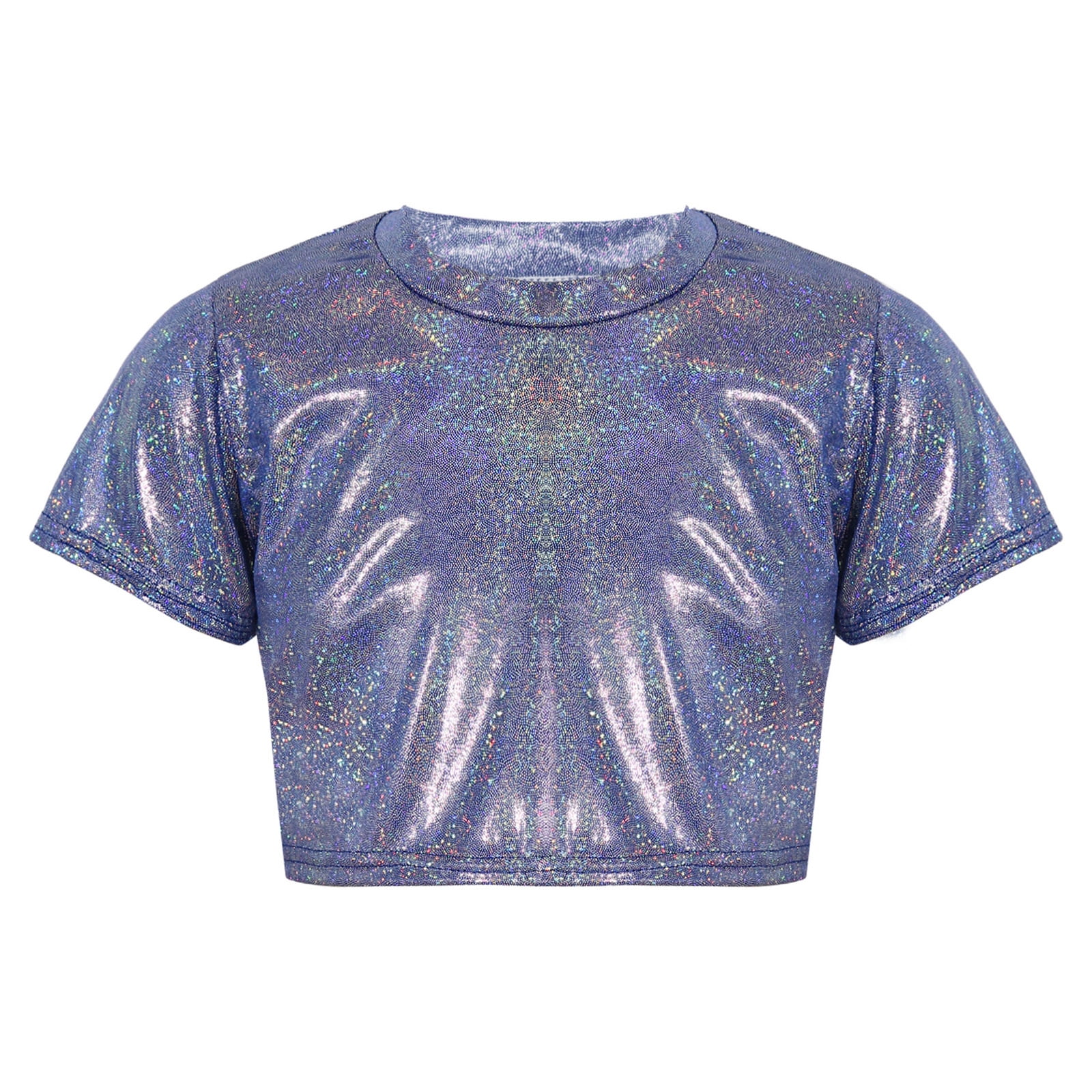 YONGHS Kids Girls Glittering Short Sleeve Crop Top Dance T-shirt 3-12 ...