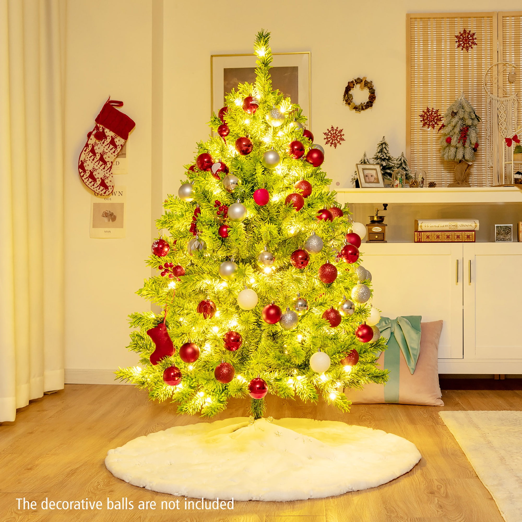 Gymax 4.5ft Pre-Lit Green Flocked Christmas Tree w/ 150 Warm LED lights ...