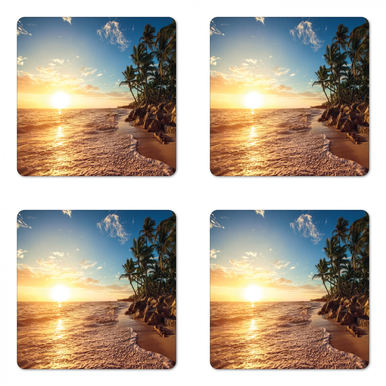 Tropical Coaster Set of 4, Palm Trees on Tropical Beach Sunrise Morning ...