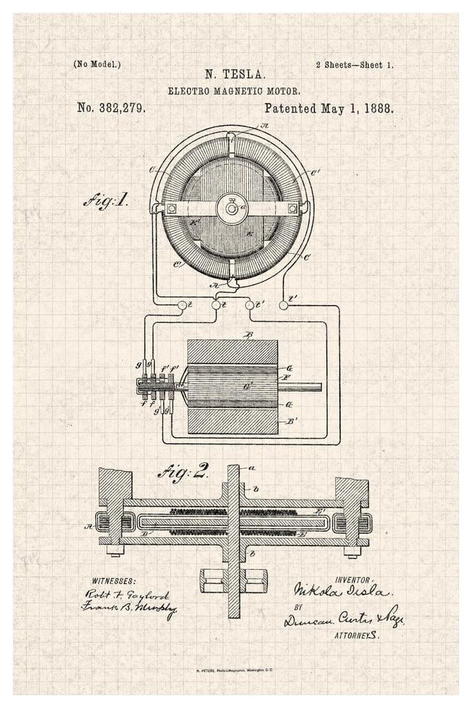 Electro Magnetic Motor Nikola Tesla Official Patent Diagram Cool Wall ...
