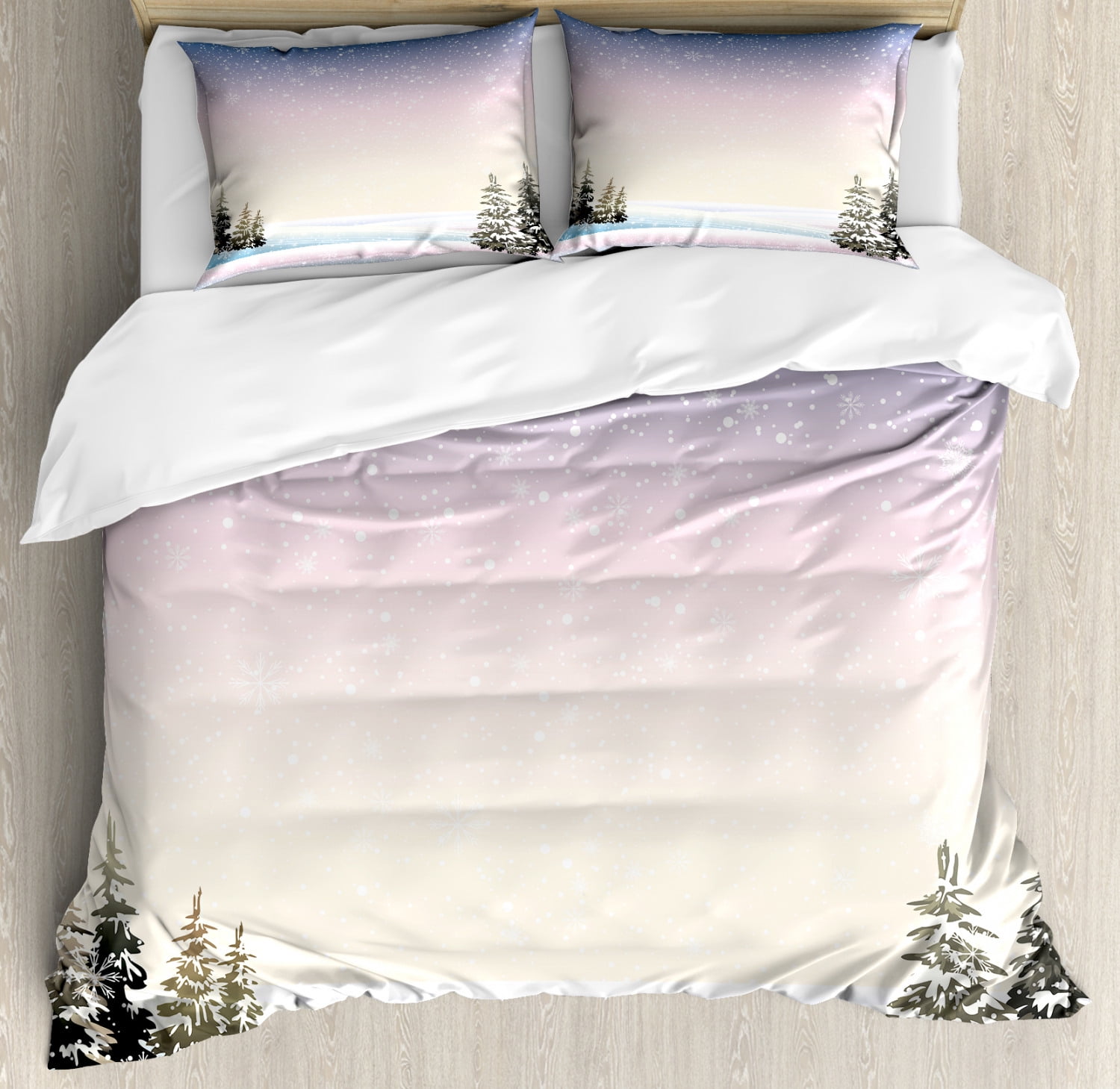 Winter Queen Size Duvet Cover Set, Snowfall in the Forrest Pine Trees ...