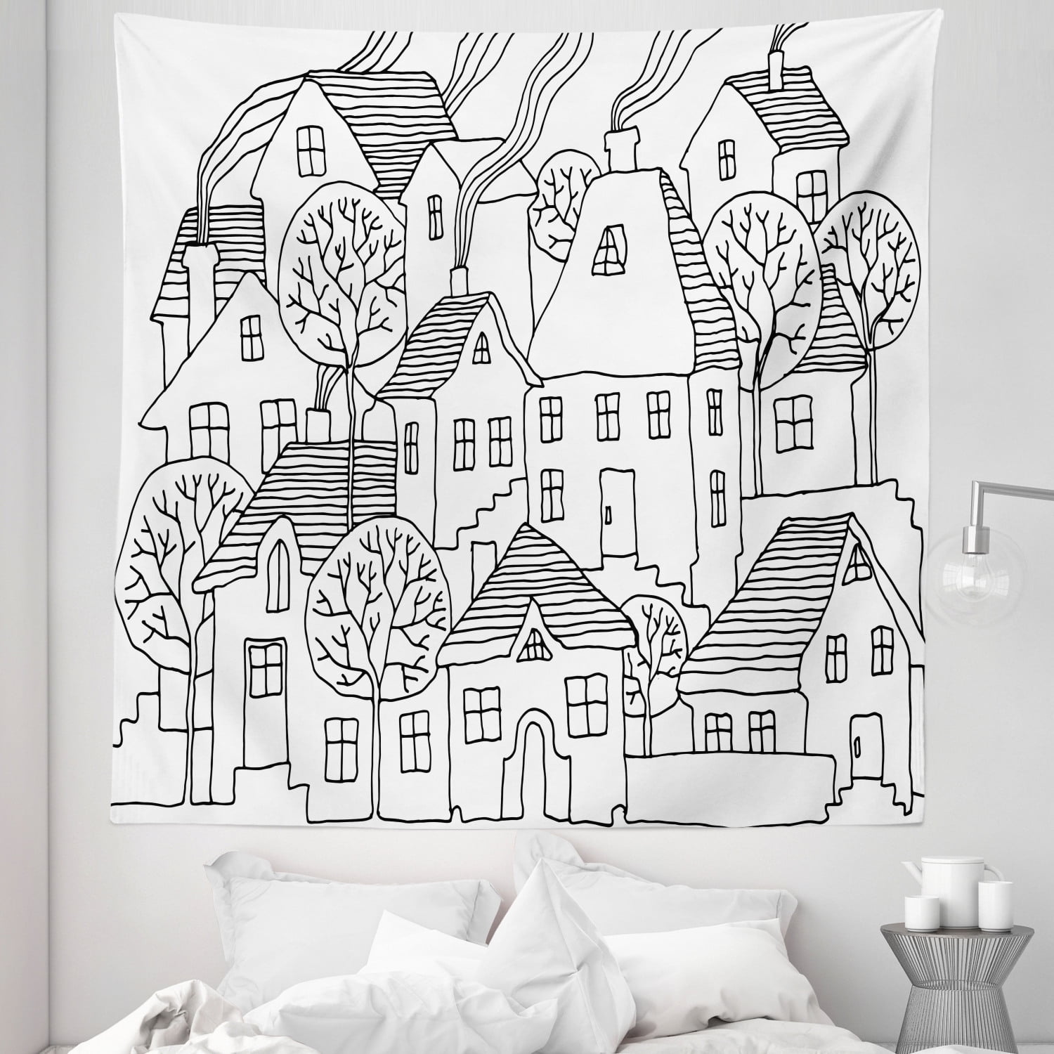 Sketchy Tapestry, Cartoon Design House Village with Stripes Hand Drawn ...