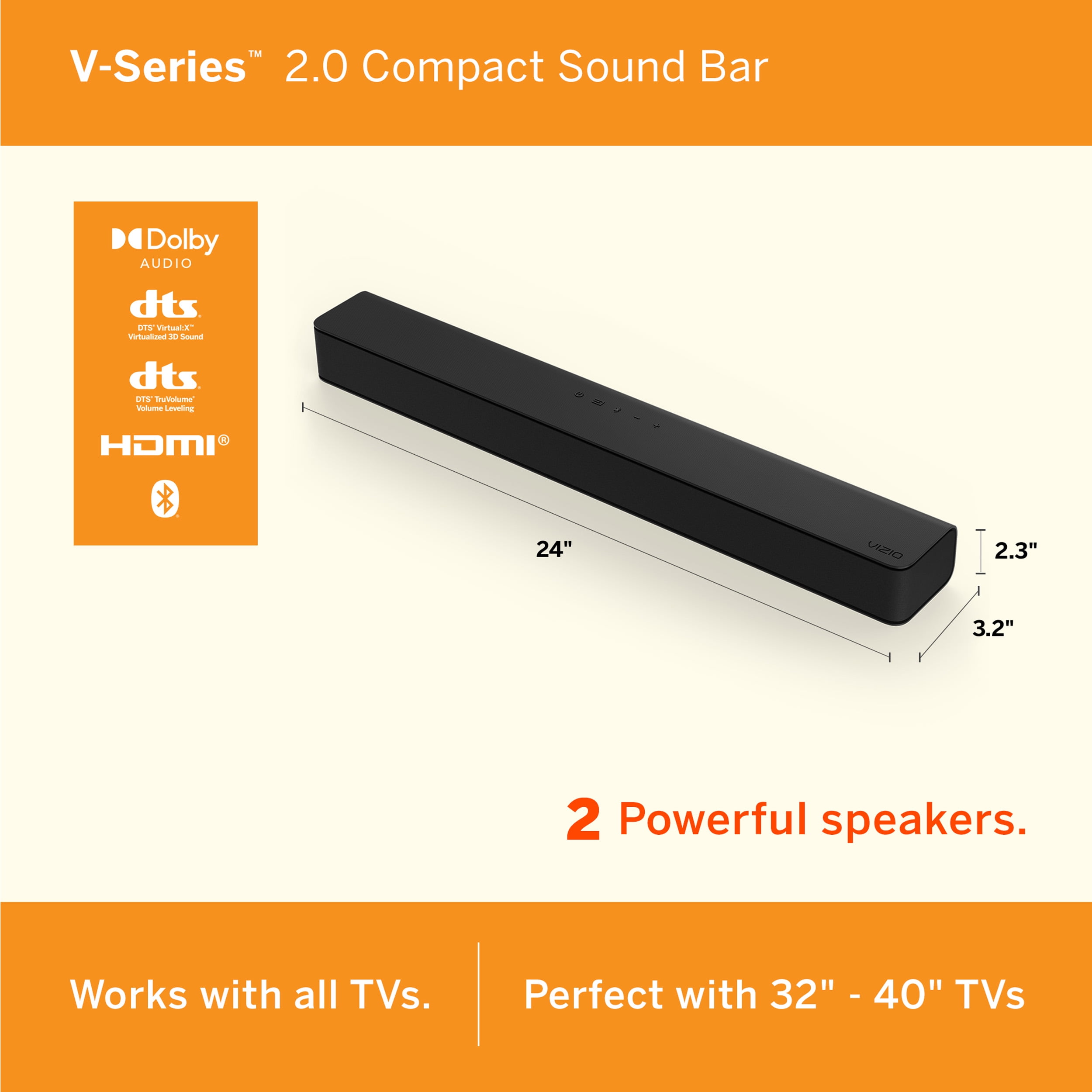 VIZIO V-Series 2.0 Compact Sound Bar with Dolby Audio, DTS:X, Bluetooth ...