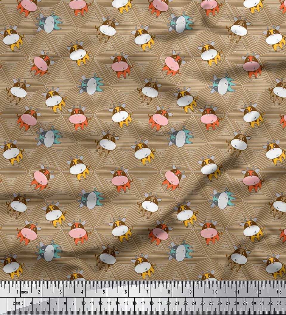 Soimoi Satin Silk Fabric Triangle & Cow Cartoon Print Fabric by The ...