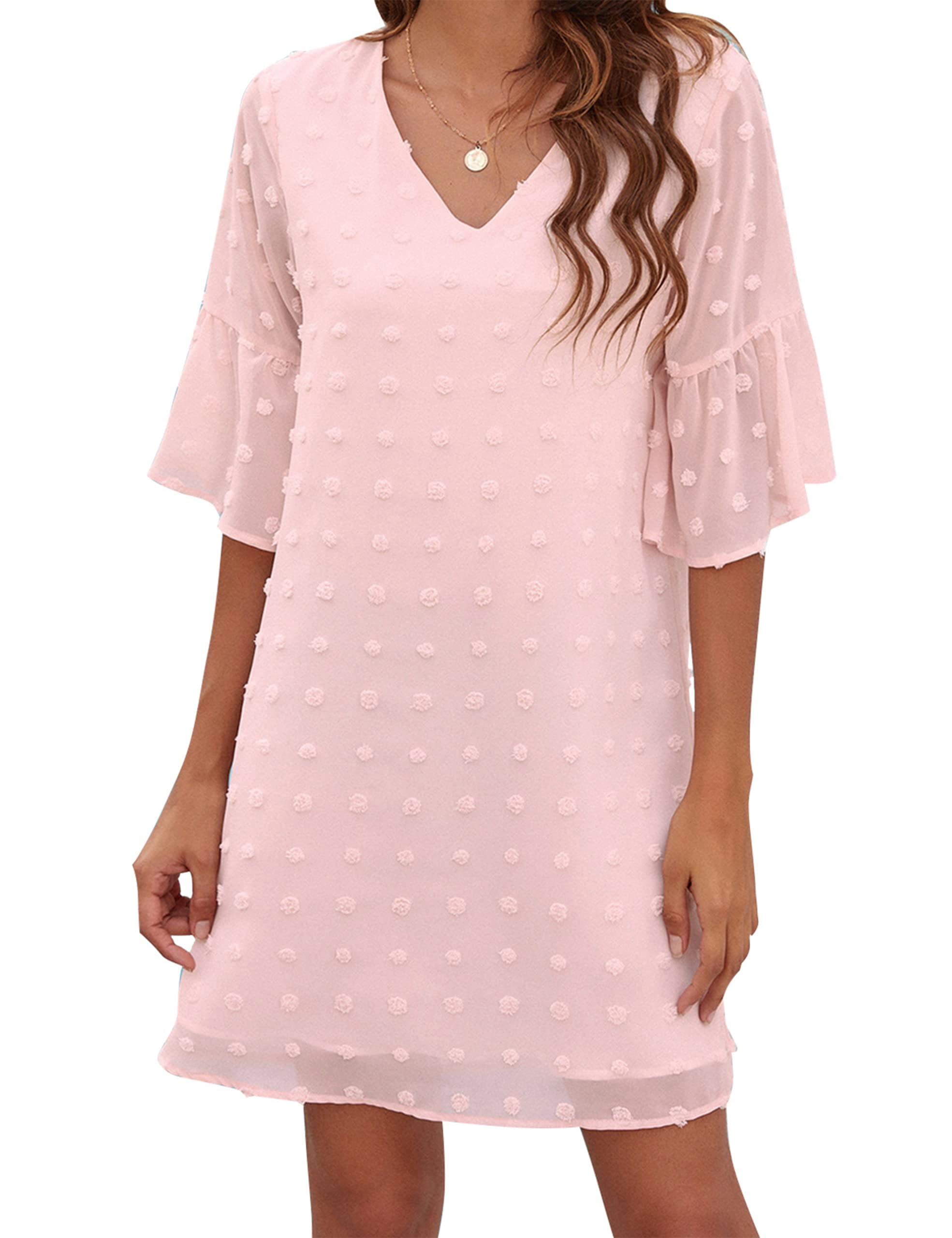 Fantaslook Chiffon White Womens Dress Ruffle Short Sleeve V Neck Flowy