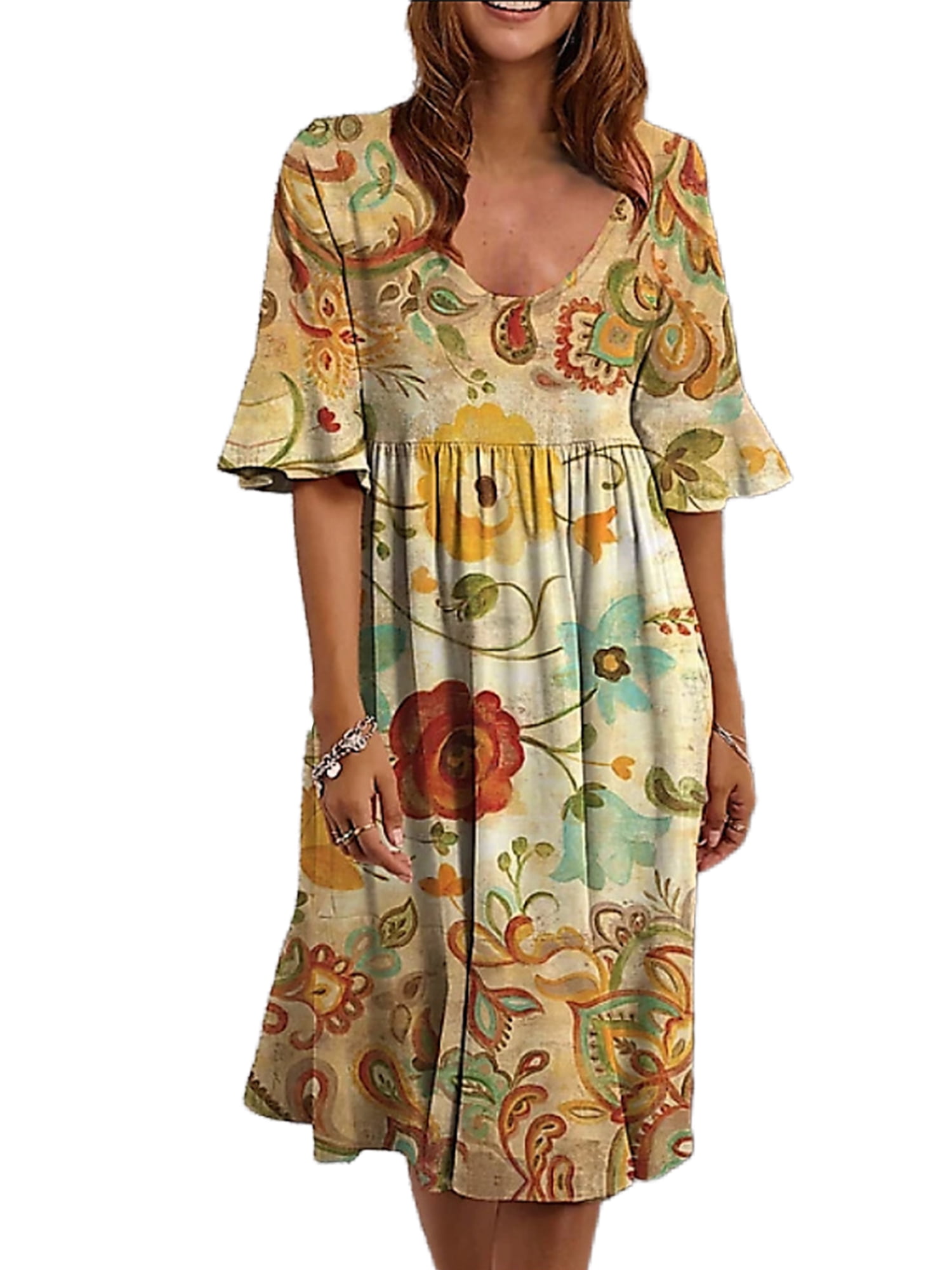 MAWCLOS Women Crew Neck Summer Dress Casual Loose Half Sleeve Boho ...