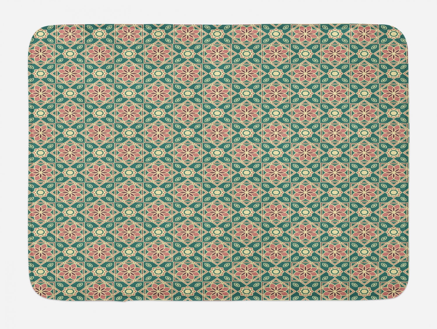 Eastern Bath Mat, Vintage Mosaic Design of Florets Zigzag Borders Oval ...
