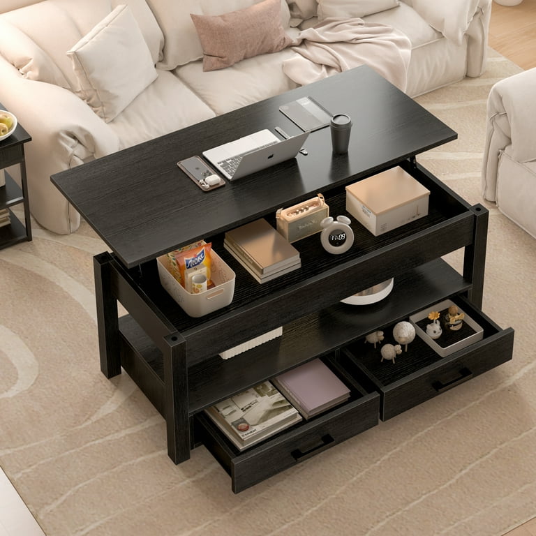 DOVEAID Lift Top Coffee Table with 2 Drawers Wooden Convertible Coffee Table with Storage for Living Room Center Table Black 42