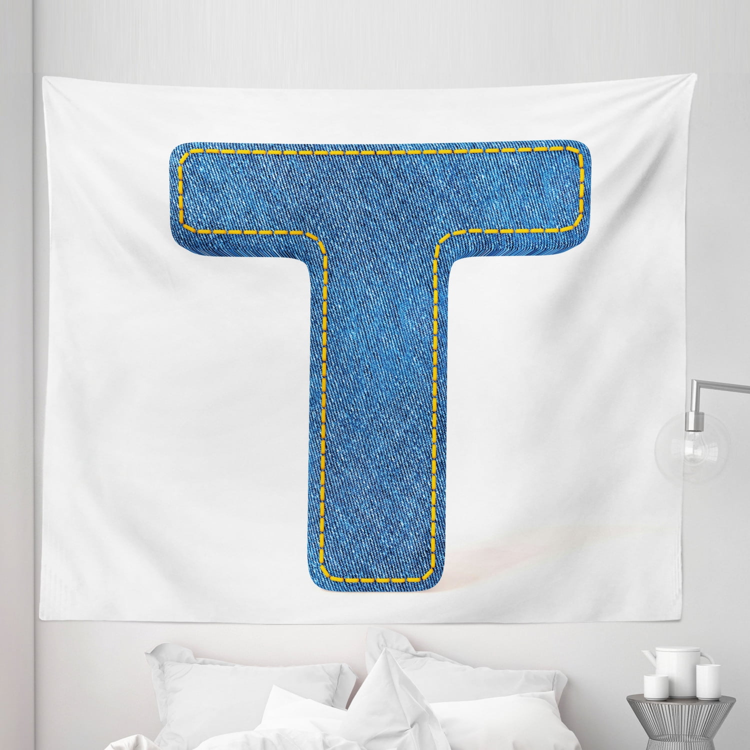 Letter T Tapestry, Alphabet Design with Denim Texture Element Blue ...