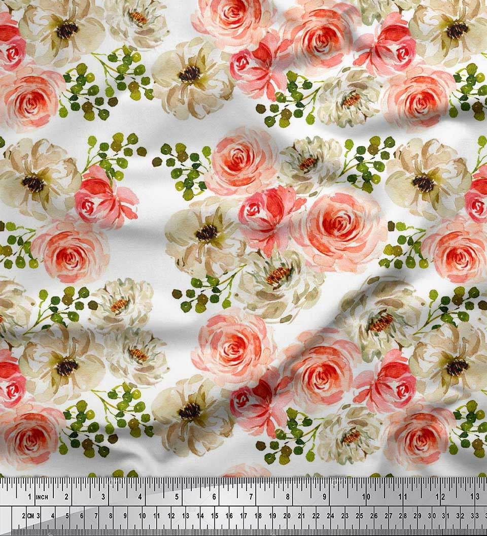 Soimoi Japan Crepe Satin Fabric Ranunculus with Bunch Floral Print ...