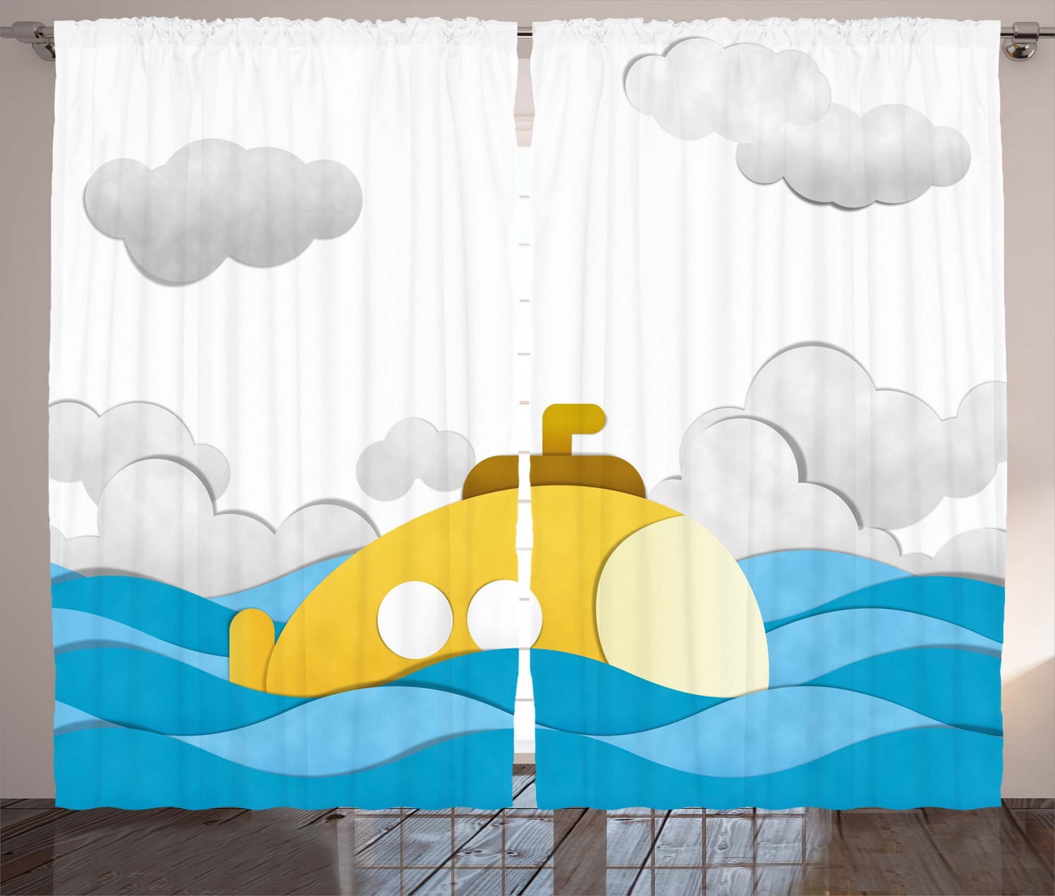 Yellow Submarine Decor Curtains 2 Panels Set, Submarine over the Wavy ...