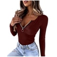 Abtuhar Women Long Sleeve Tops Solid V Neck Zip Front Ribbed Pull Over ...