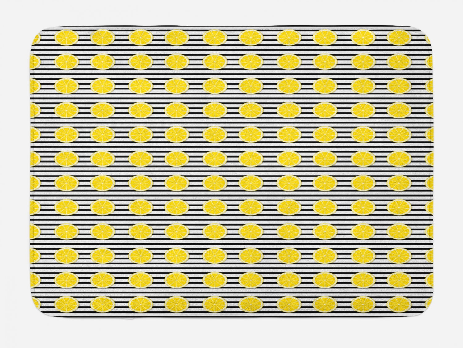 Lemons Bath Mat, Citrus Fruits in Slices Pattern on Symmetrical Striped ...