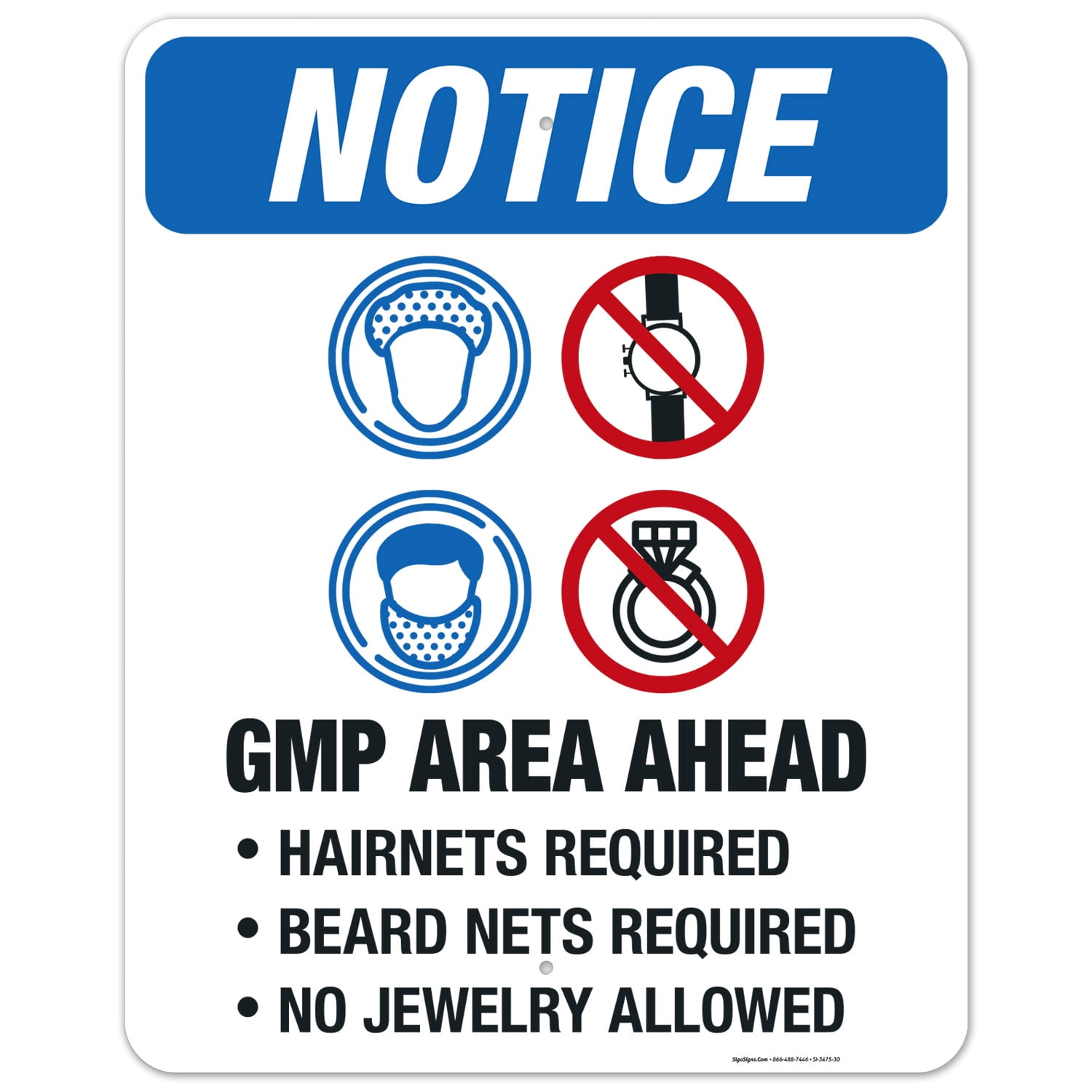 GMP Area Ahead Hairnets, Beard Nets Required No Jewelry Allowed Sign ...