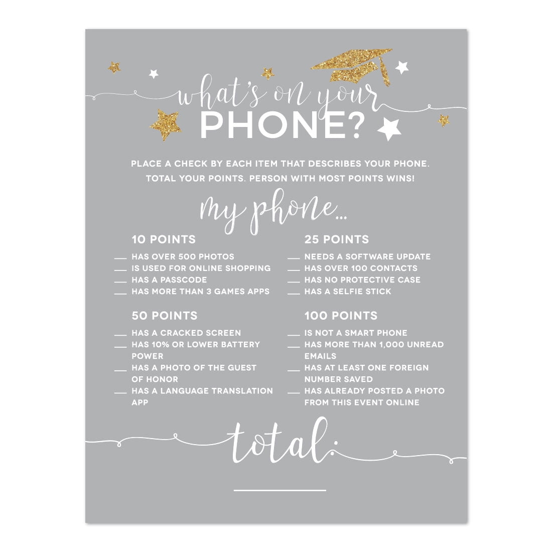 Gray and Gold Glittering Graduation, What's on Your Phone? Game Cards ...