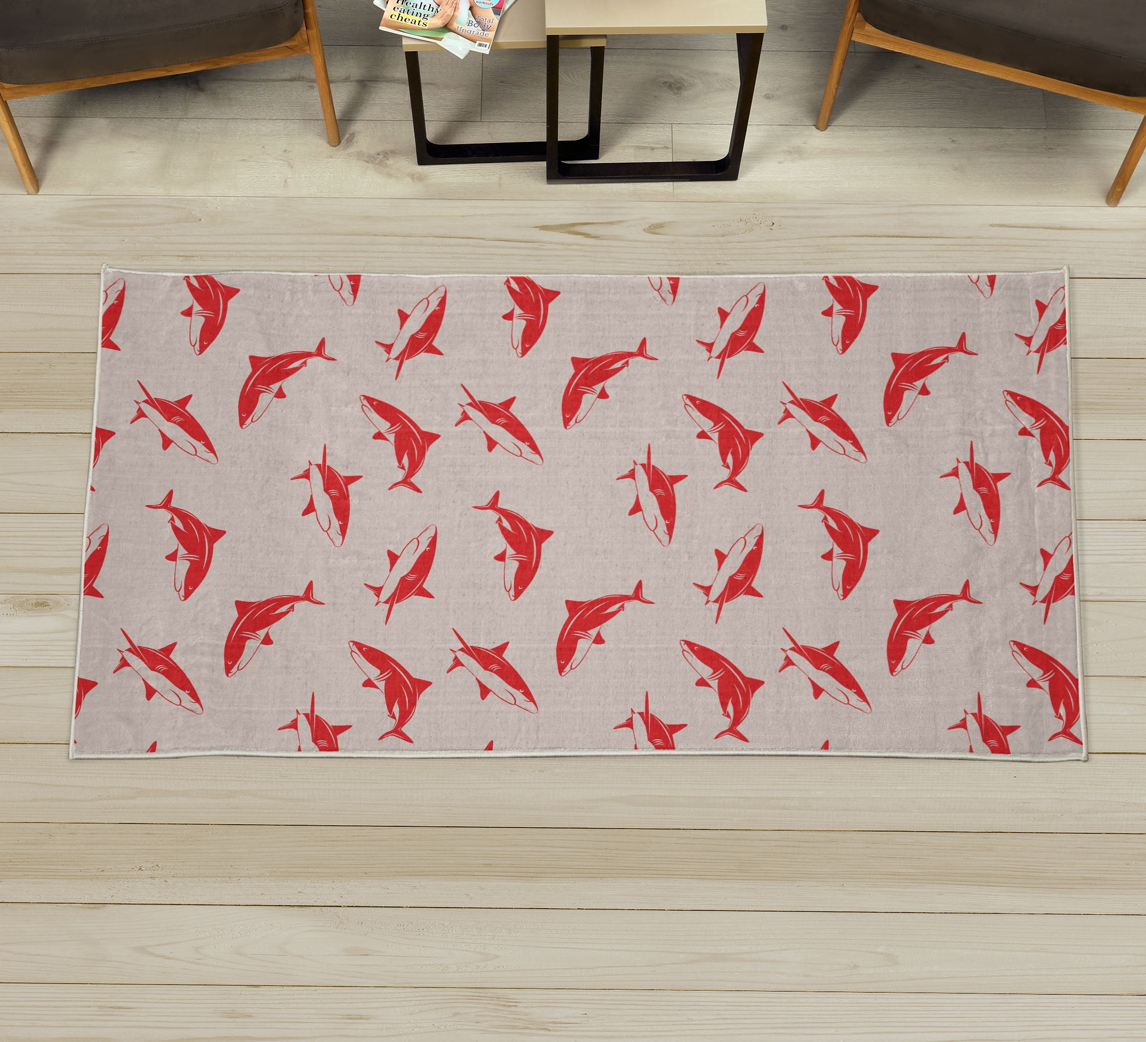 Sea Animals Decorative Rug, Repeated Cartoon Sharks Swimming to ...