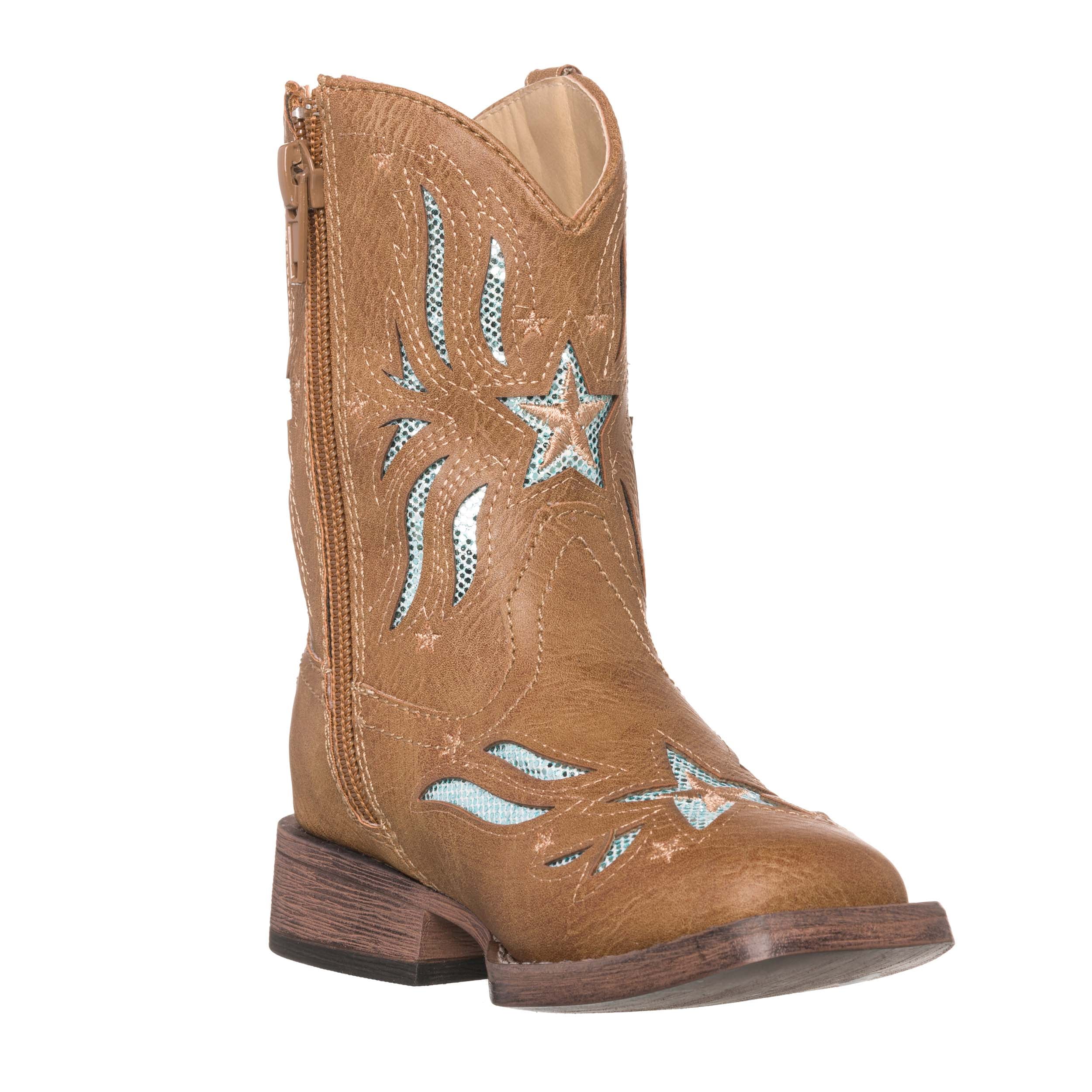 Children Western Kids Cowboy Boot | Star Glitter Toddler Tan Square Toe ...