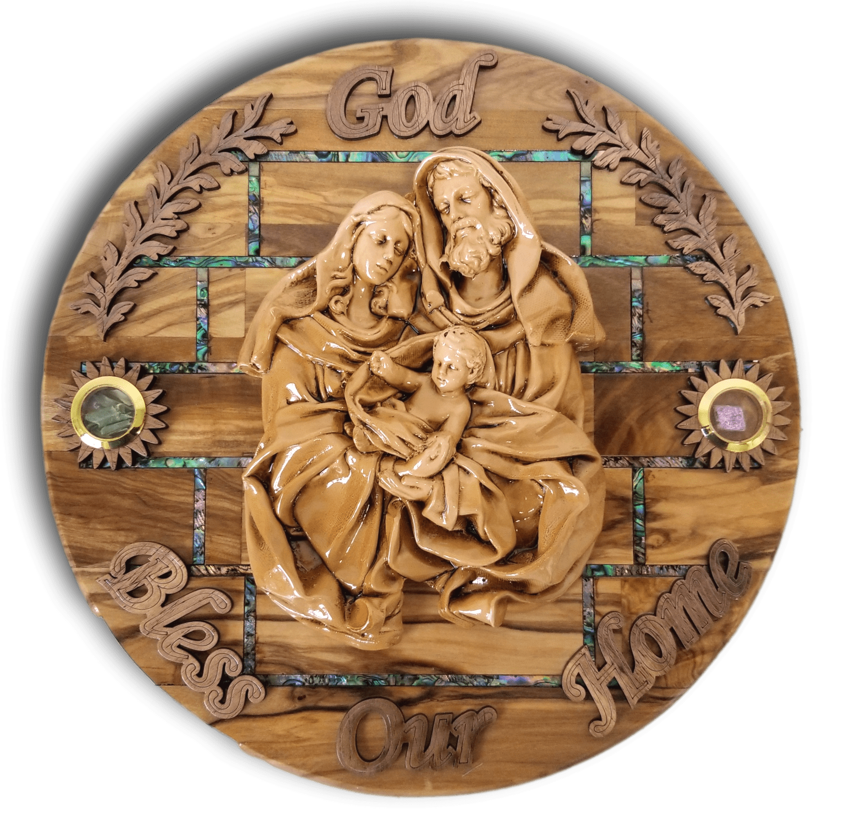 Round Plaque With Abalone Seashells, Porcelain Figures, And Holy Items ...