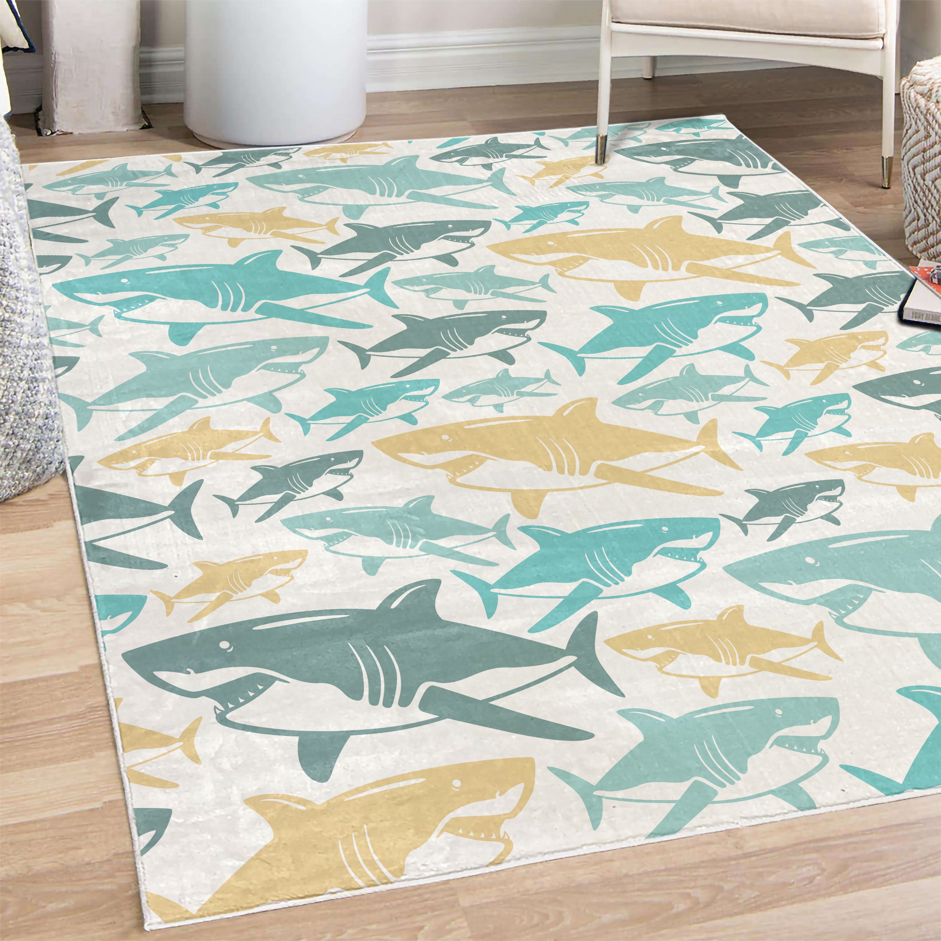 Shark Decorative Rug, Colorful Underwater Fish Pattern Masters Survival ...