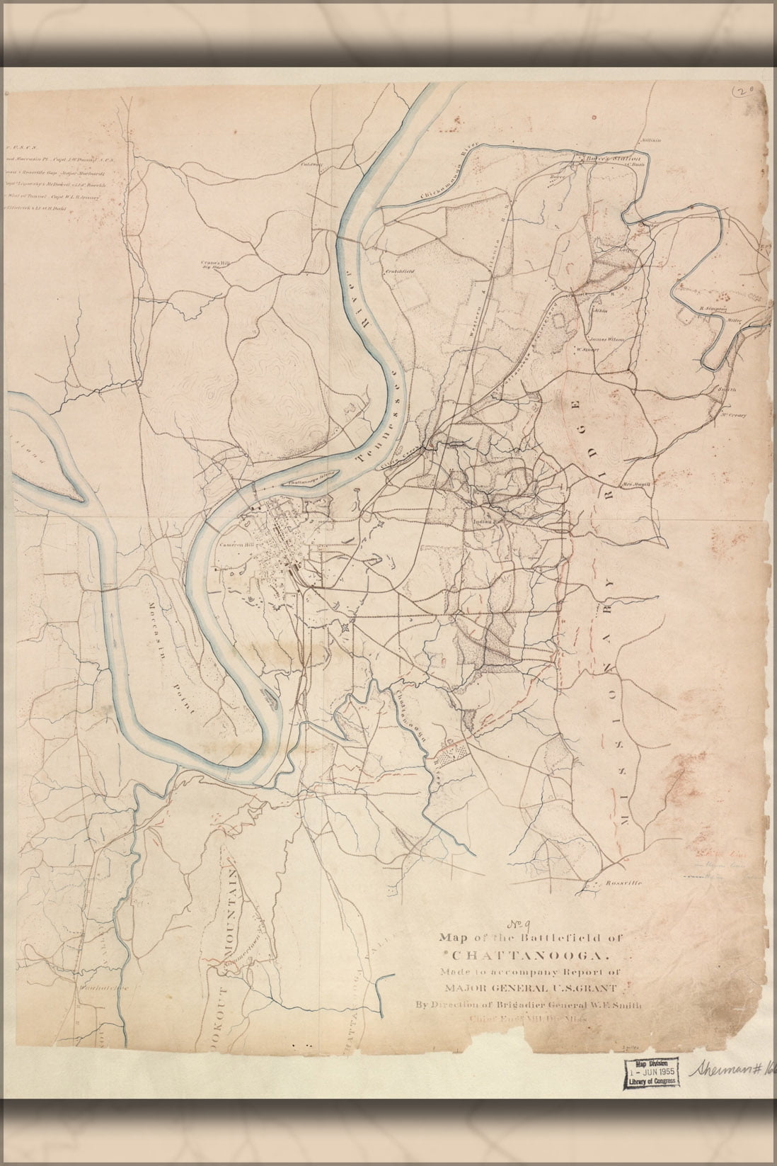 24"x36" Gallery Poster, Map of the battle field of Chattanooga 1864 ...