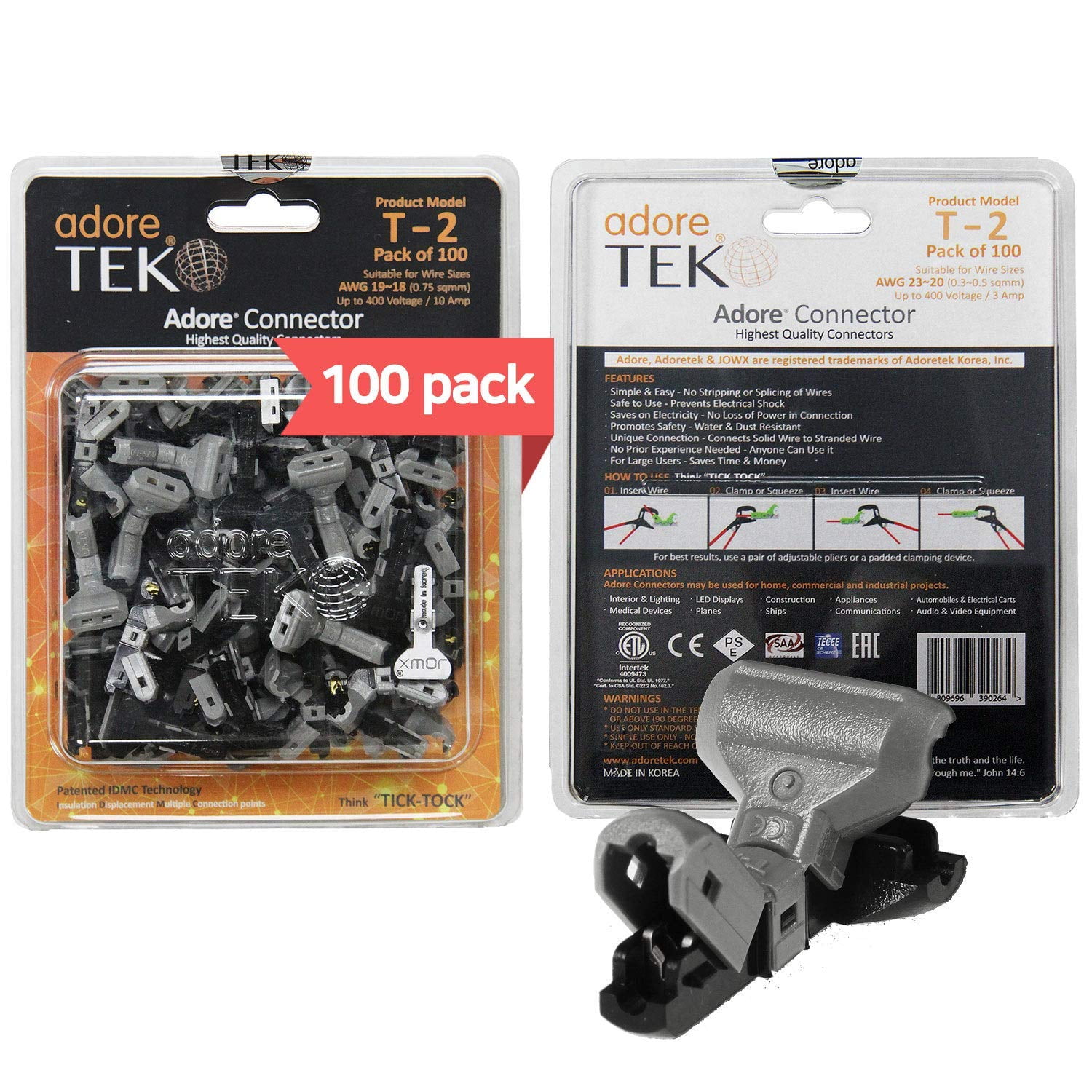 Adoretek T-Type Wire Connector [T-2H] NO Need to Peel NO-Splice NO-Tape ...