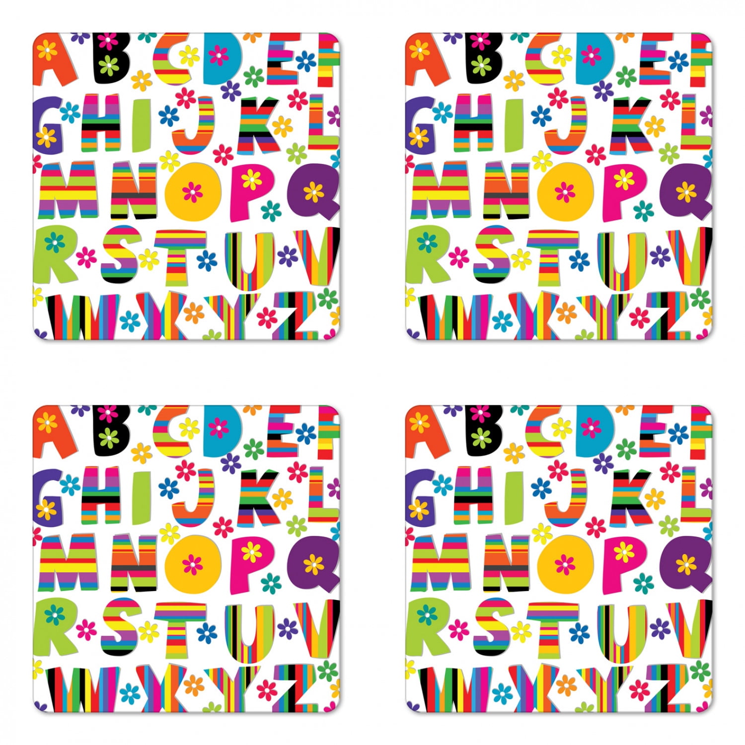 Alphabet Coaster Set of 4, Educational Letters Floral Ornament Striped ...