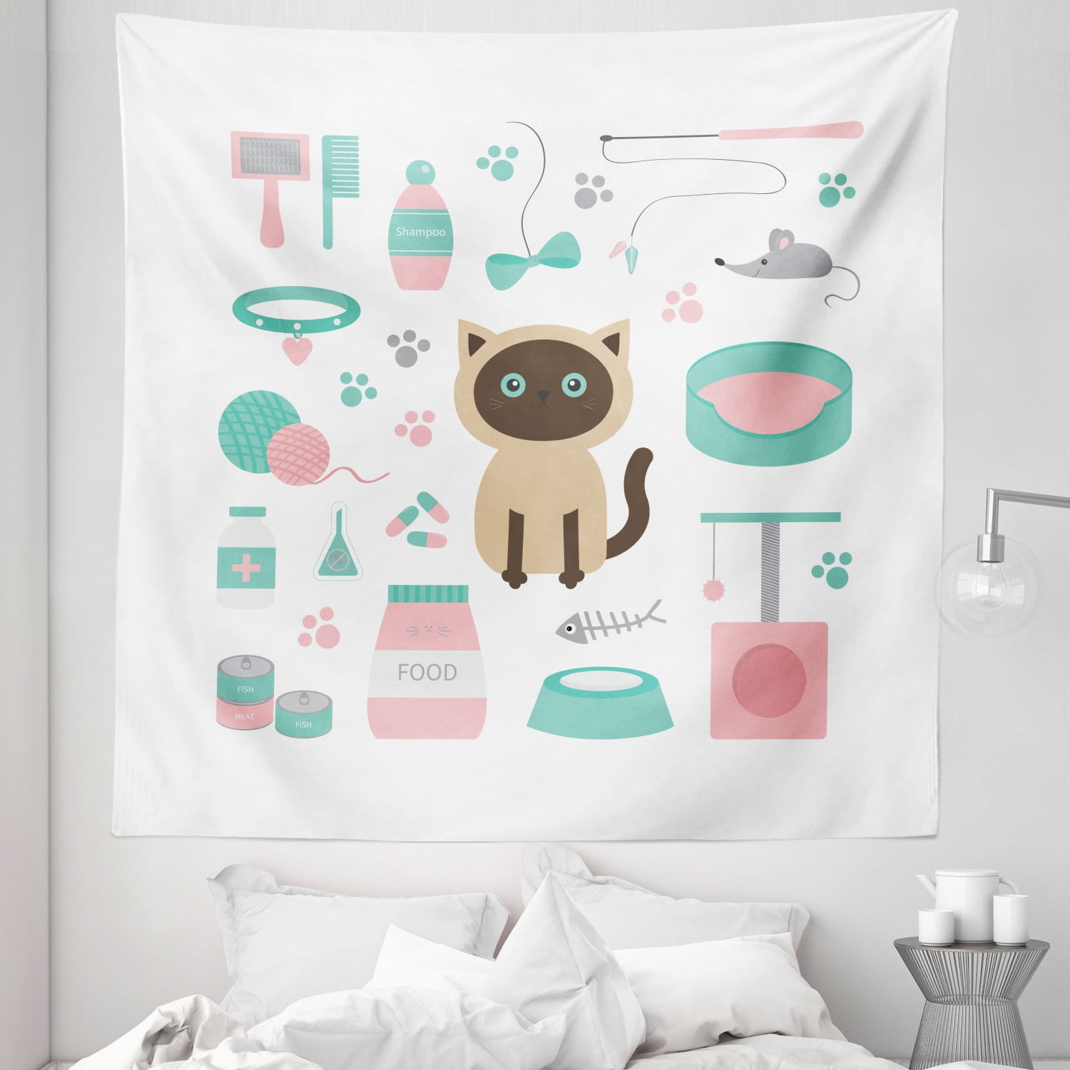 Kitten Tapestry, Cartoon Style Surprised Looking Siamese Among Pastel ...
