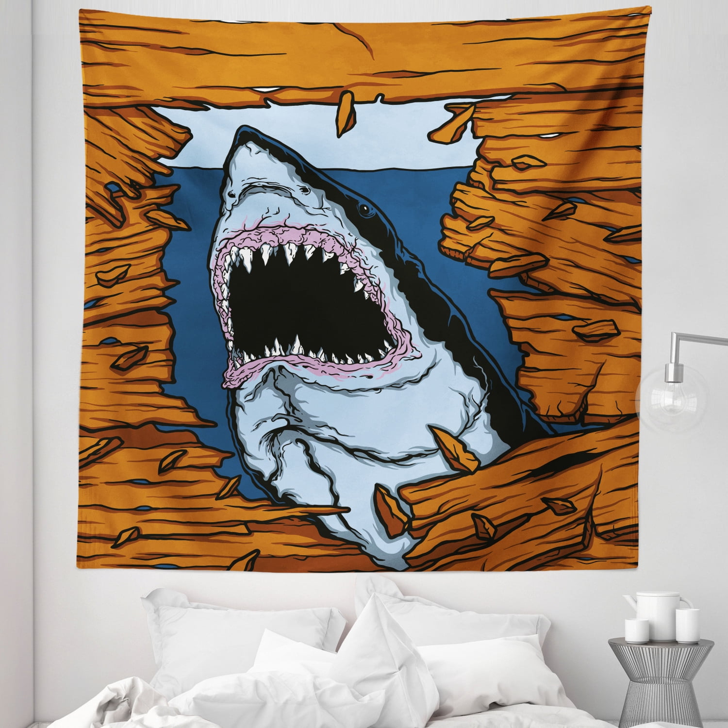 Shark Tapestry, Wild Fish Breaking Wooden Plank Danger Sign Killer ...