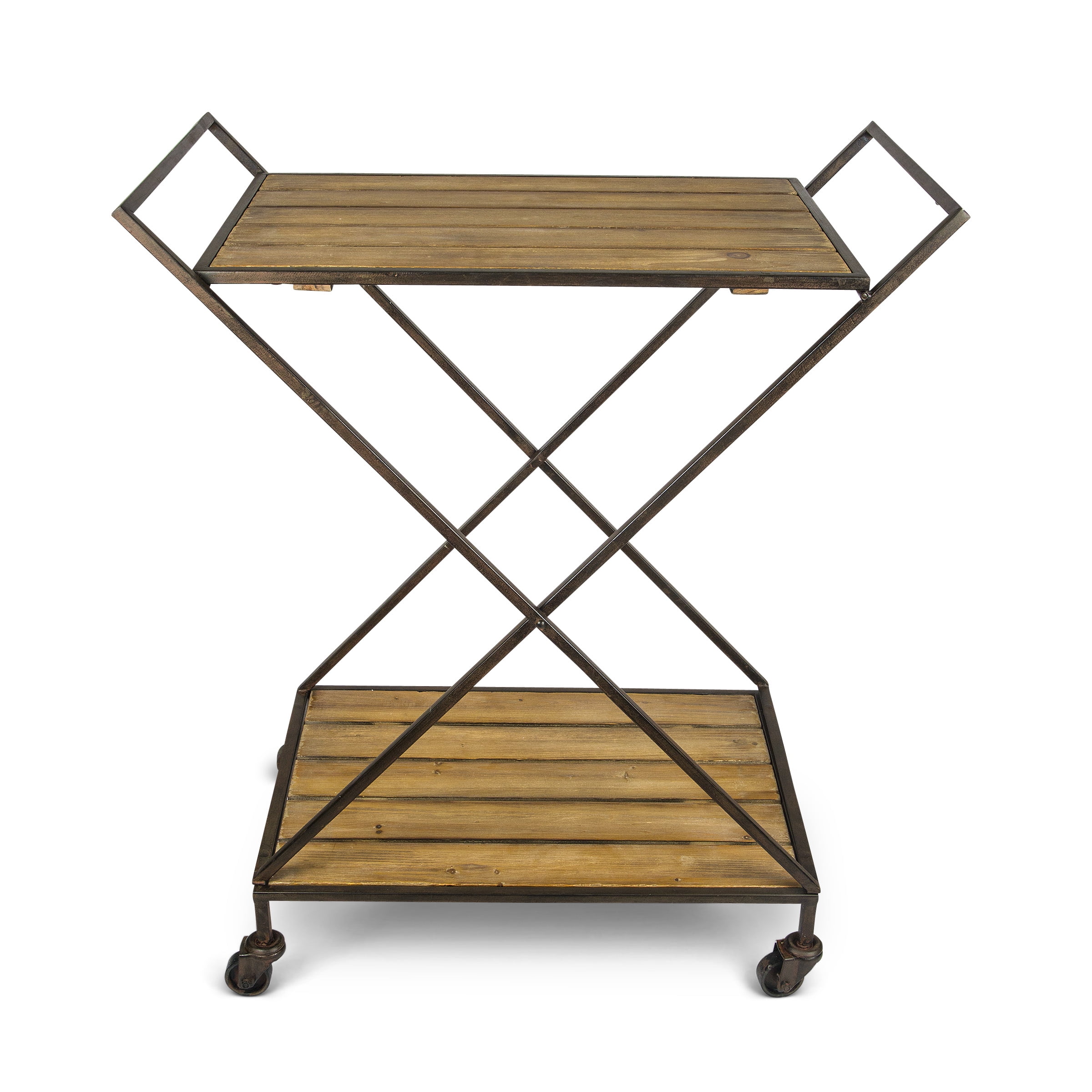 Rolling, Rustic Metal Bar Cart on Casters with Wooden Shelves - Walmart.com