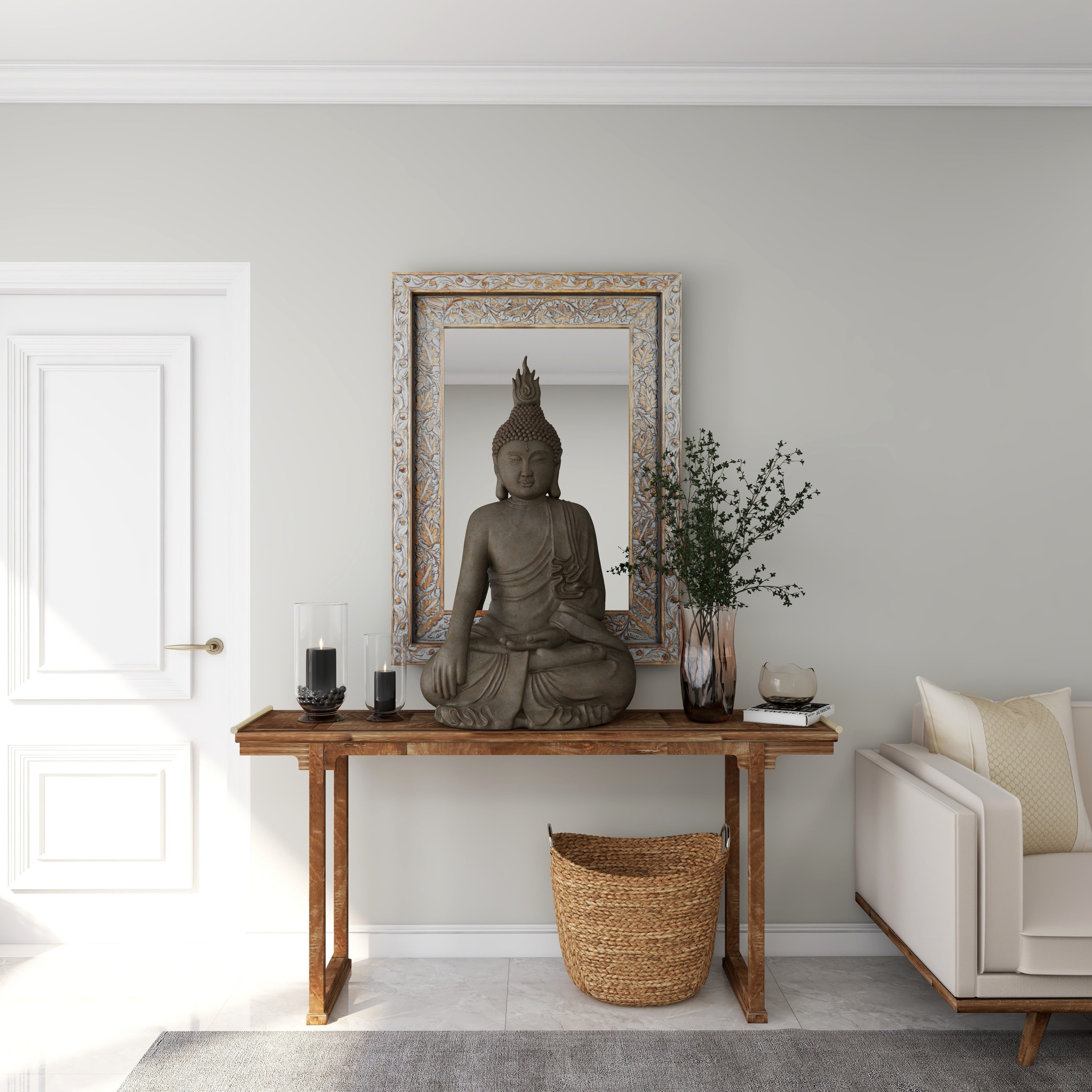 24" x 42" Gray Polystone Meditating Buddha Sculpture with Engraved ...