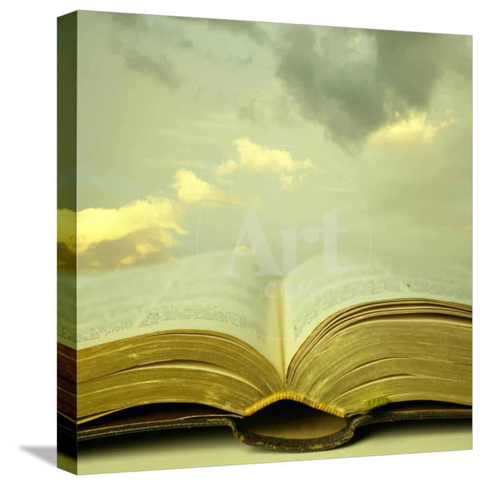 Detail of an Old Holy Bible Open with a Beautiful and Mystical Sky in ...