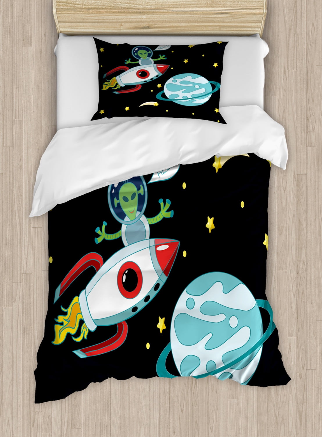 Alien Duvet Cover Set Twin Size, Extraterrestrial Being with Hello ...