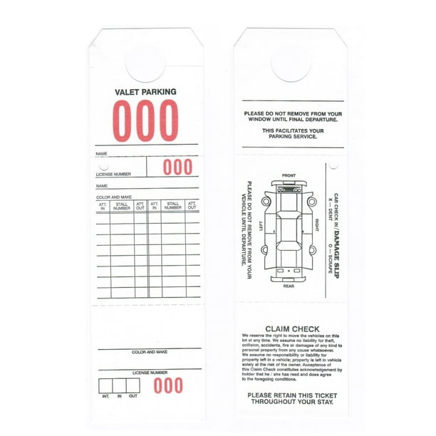 VALET PARKING CLAIM CHECK Hang Tag, White Stock Printed in Black (2 ...