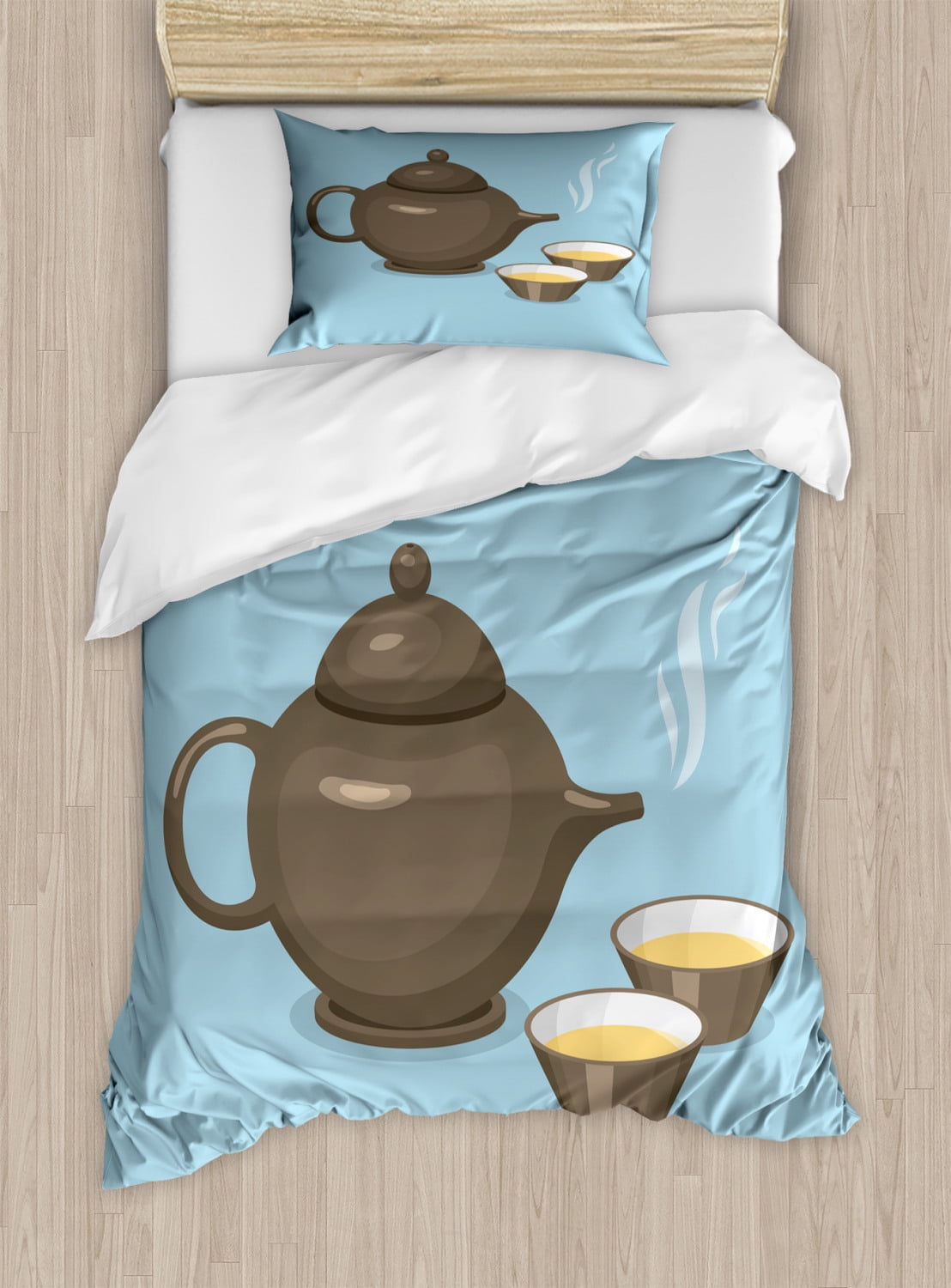 Tea Duvet Cover Set Twin Size, Kettle with Cups Beverage Teatime Good ...
