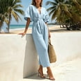 Costeam Womens Solid Color V Neck Puff Short Sleeve Jumpsuit Self Tie ...