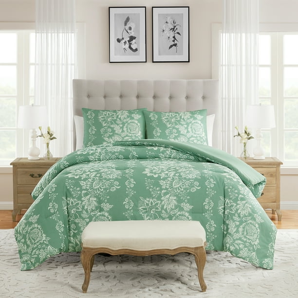 My Texas House Caroline 3-Piece Green Floral Slub Comforter Set, King ...