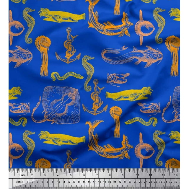 Soimoi Japan Crepe Satin Fabric Walrus,Anchor Hook & Ray Fish Ocean ...