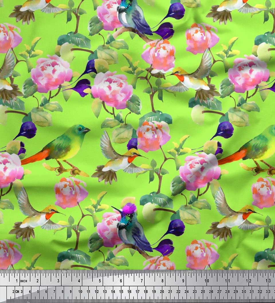 Soimoi Cotton Duck Fabric Leaves,Floral & Hummingbird Bird Print Fabric ...
