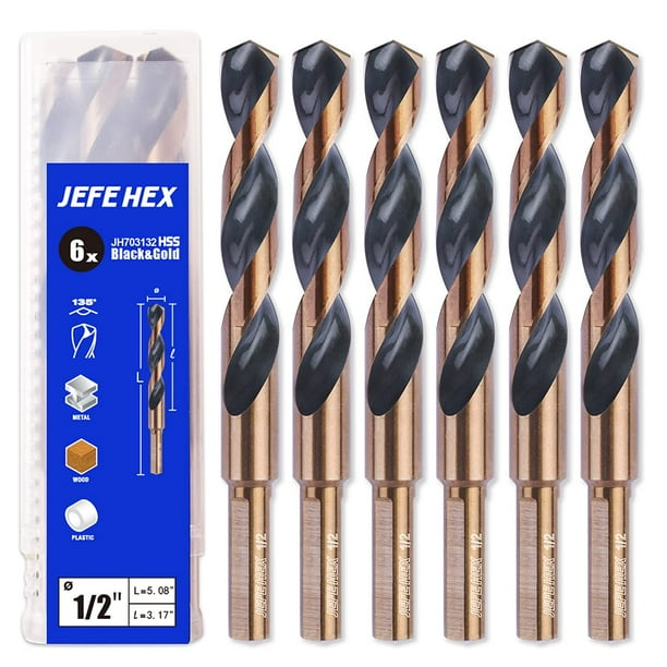 JEFE HEX 1/2" Dia. 5" OAL , 3-Flat Shank HSS Twist Drill Bit, Black and ...