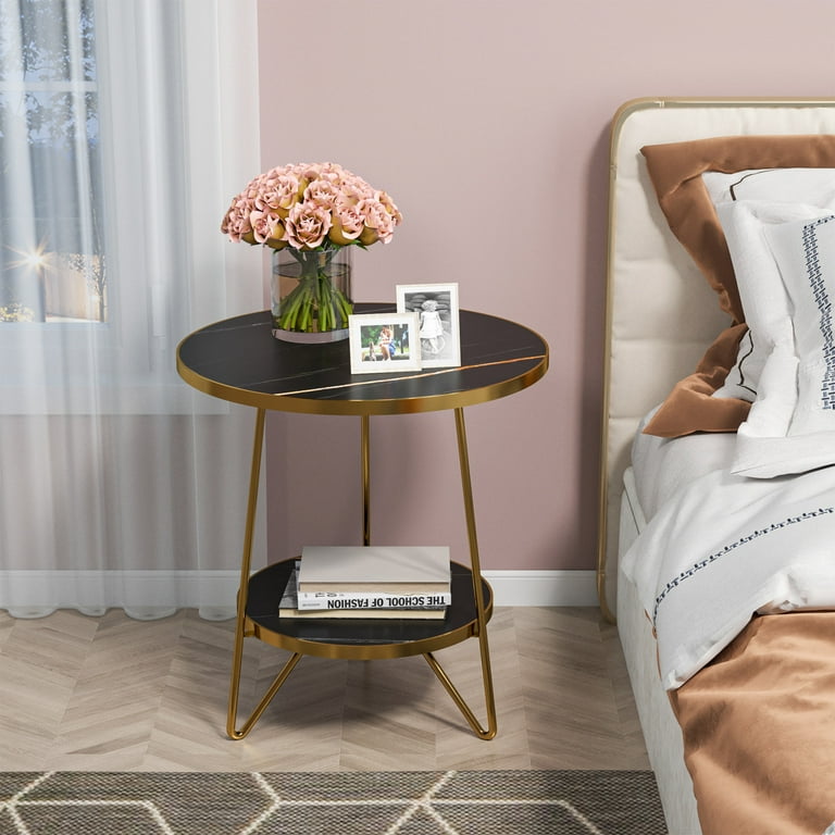 Marble End Table 2 Tier Round Side Table with Shelves Modern Gold Nightstand Bedside Table Small Coffee Accent Table for Living Room Bedroom Black