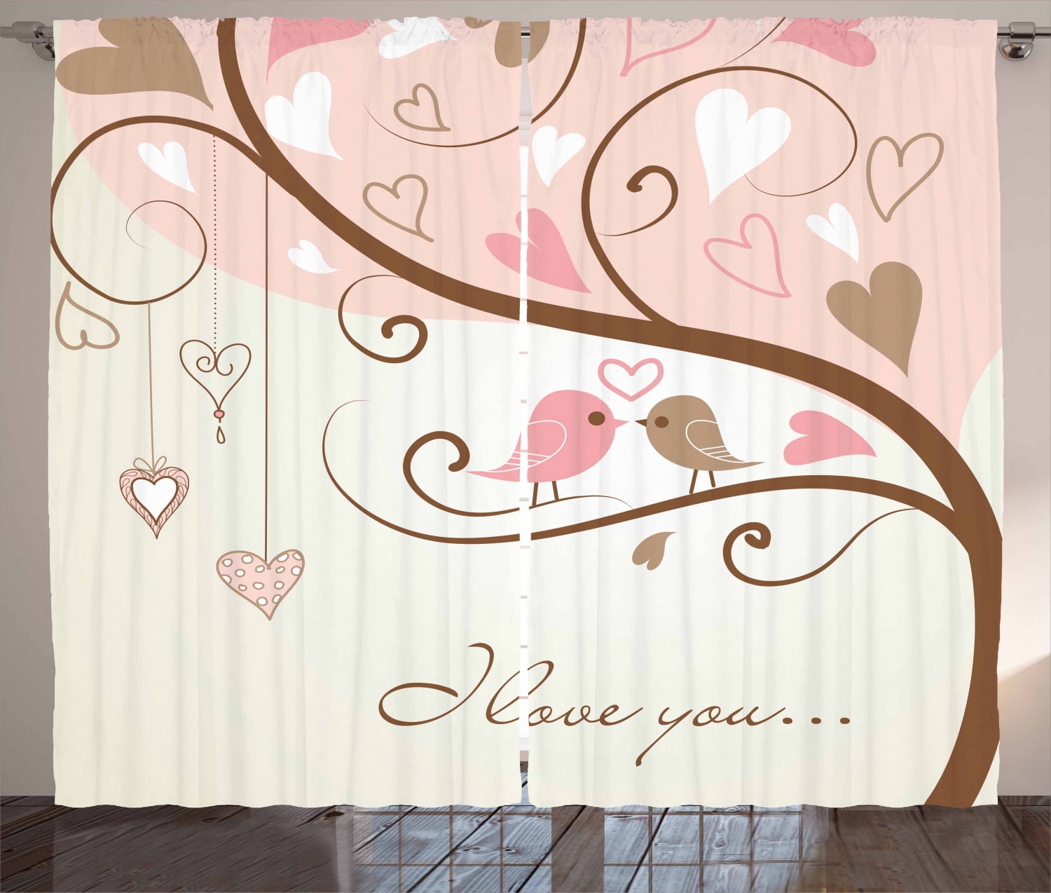 Love Curtains 2 Panels Set, Birds on Branch Abstract Heart Shapes ...
