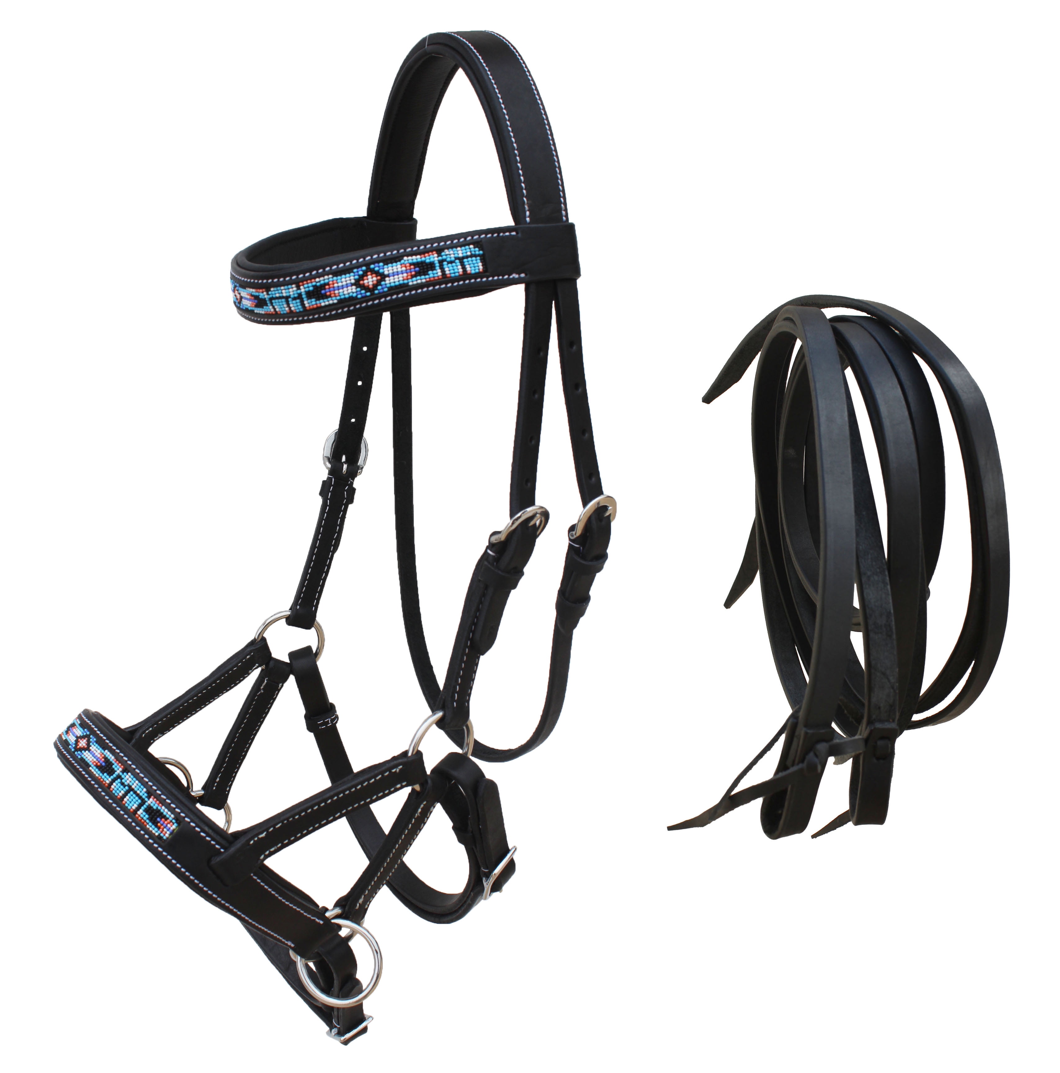 Horse Western Black Leather Beaded Bitless Padded Sidepull Bridle w ...