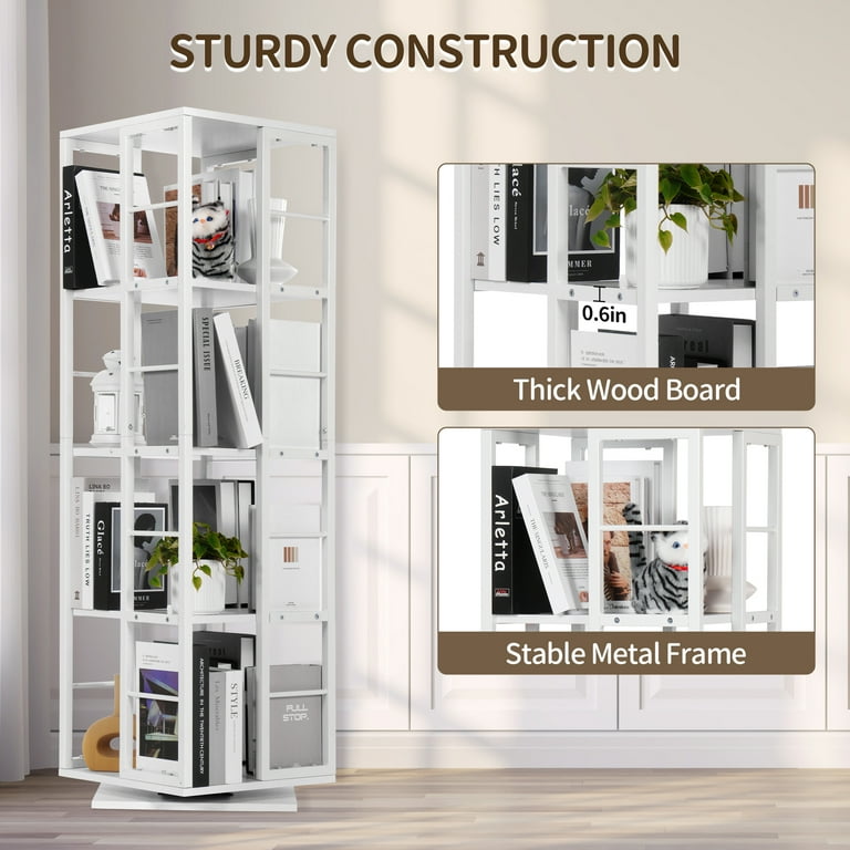 White Revolving Bookshelf Rotating Bookshelf Tower, 4 Tier 360