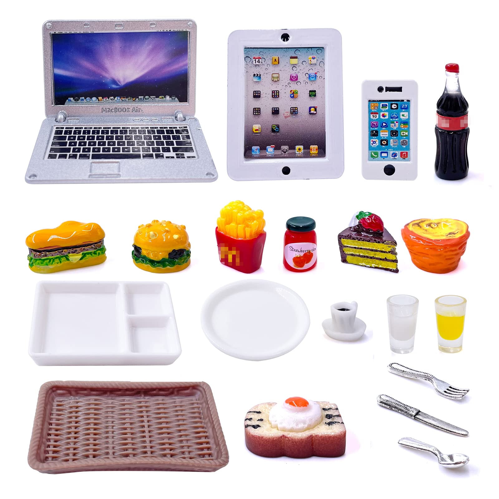 Hklmro 20pcs Miniature Laptop Computer Tablet Toy Phone Pad And Hamburger Fries Cola Fast Food Cake Coffee Juice Fits Barbie Doll Accessories Scale Do