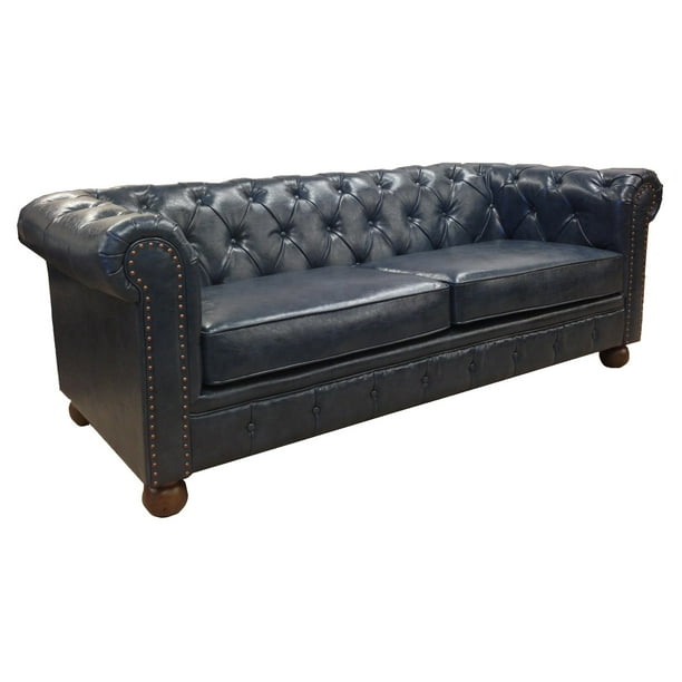 Winston Antique Blue Bonded Leather Sofa Tufted and rolled arms ...