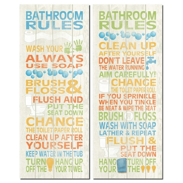 Multi-Color Children's Bathroom Rules Typography Set; 2 - 8" x 18 ...