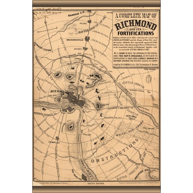 24"x36" Gallery Poster, civil war map of Richmond, Virginia 1863 ...