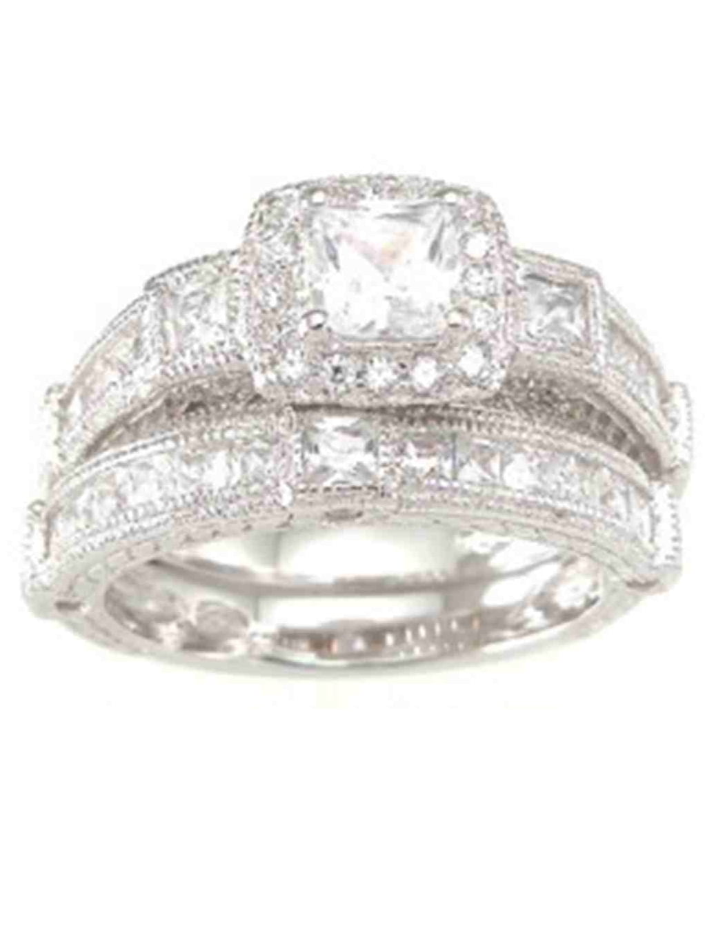 Princess Cut Sterling Silver Wedding Engagement Ring Set (Size 10 ...